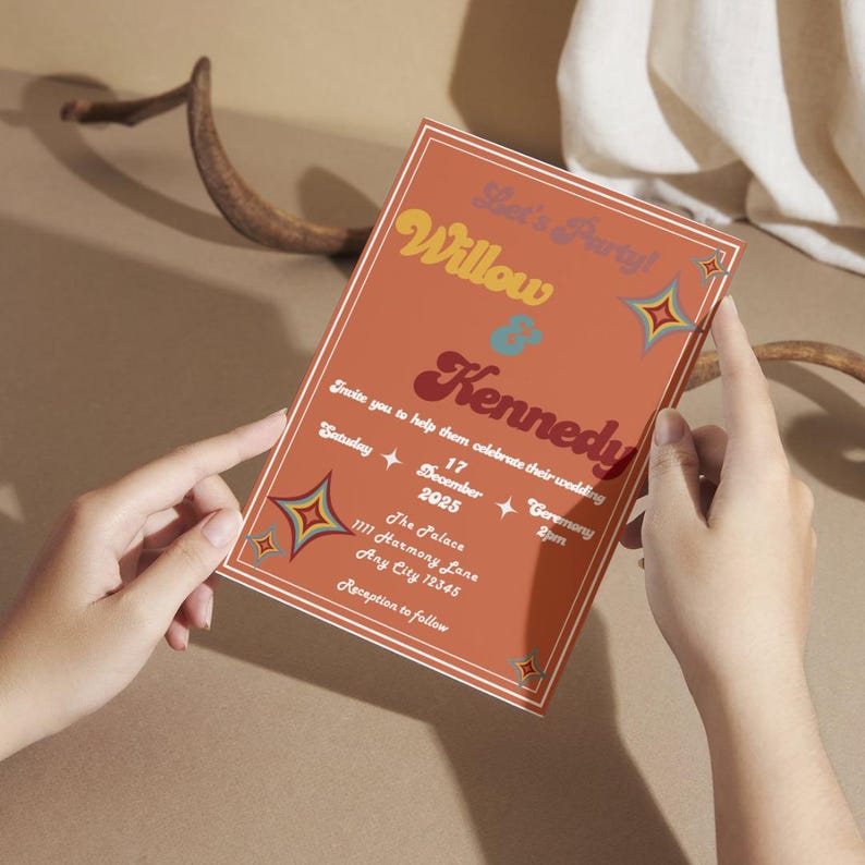 Retro Wedding Invitation Template, Bright and Bold Invite, Colorful and ...