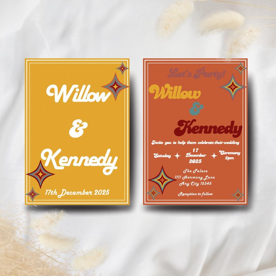 Retro Wedding Invitation Template, Bright and Bold Invite, Colorful and ...