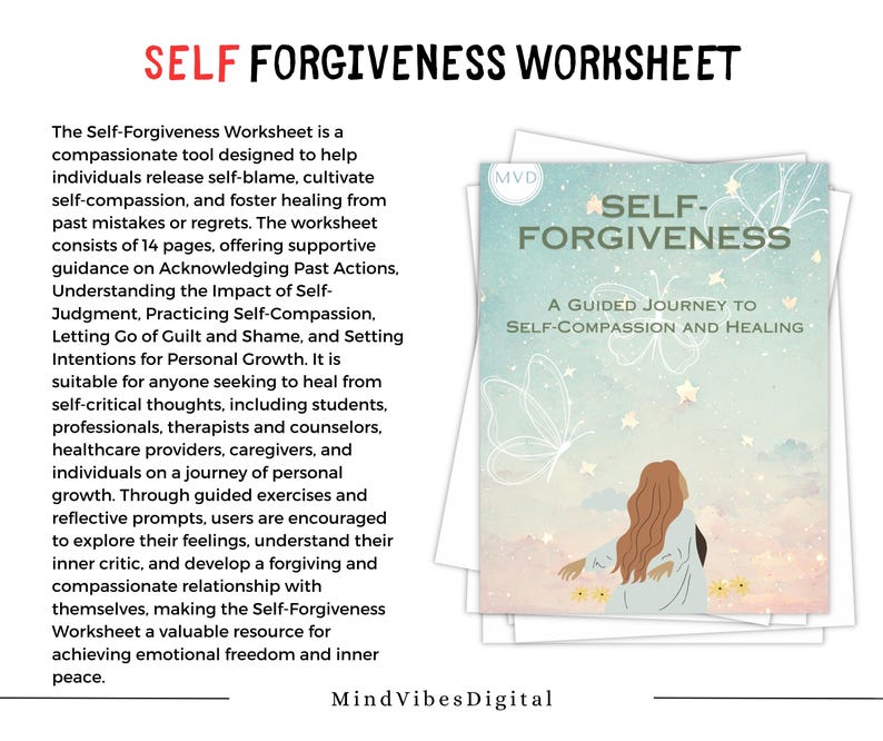 Self Forgiveness Worksheet, Therapy Tools, Self Care Journal, Emotional ...