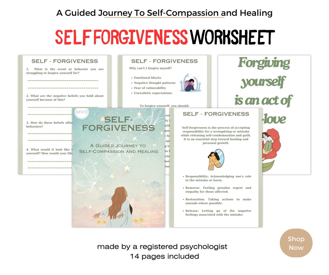 Self Forgiveness Worksheet, Therapy Tools, Self Care Journal, Emotional ...