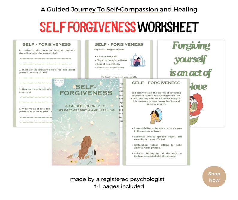 Self Forgiveness Worksheet, Therapy Tools, Self Care Journal, Emotional ...