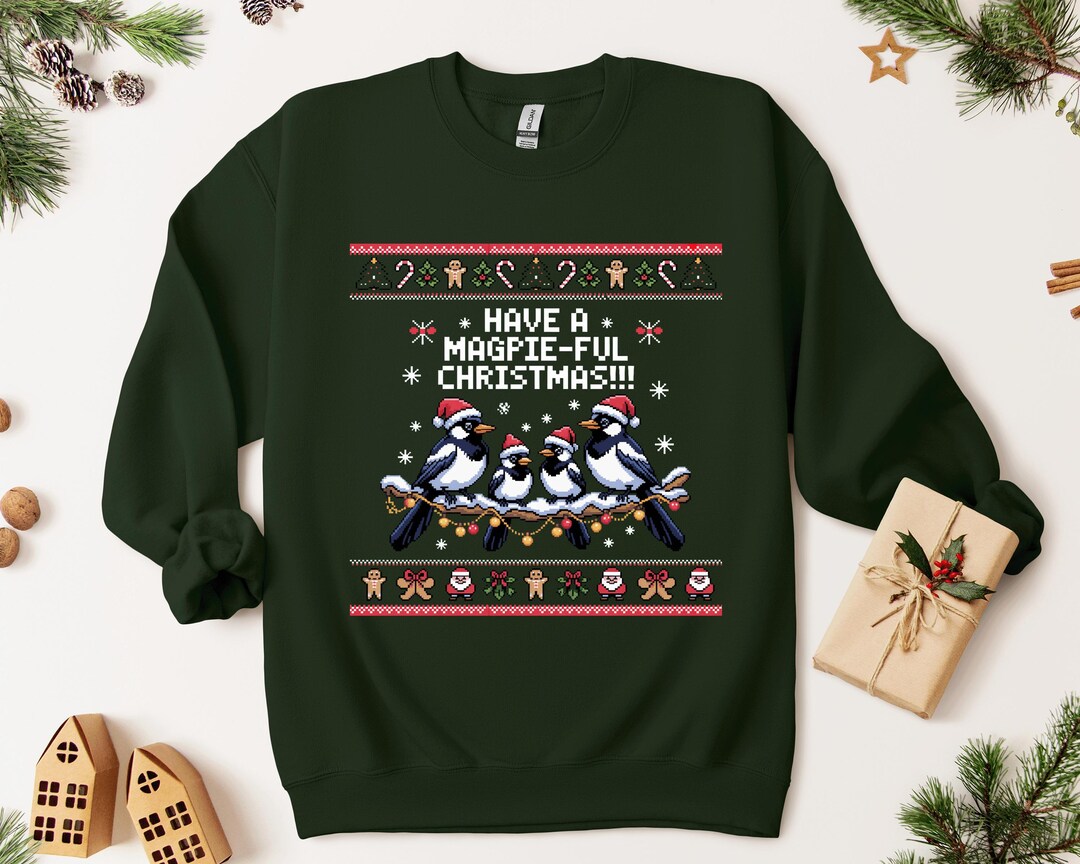 Magpie Green Christmas Jumper : Bird Family Retro Xmas Sweater -have A ...