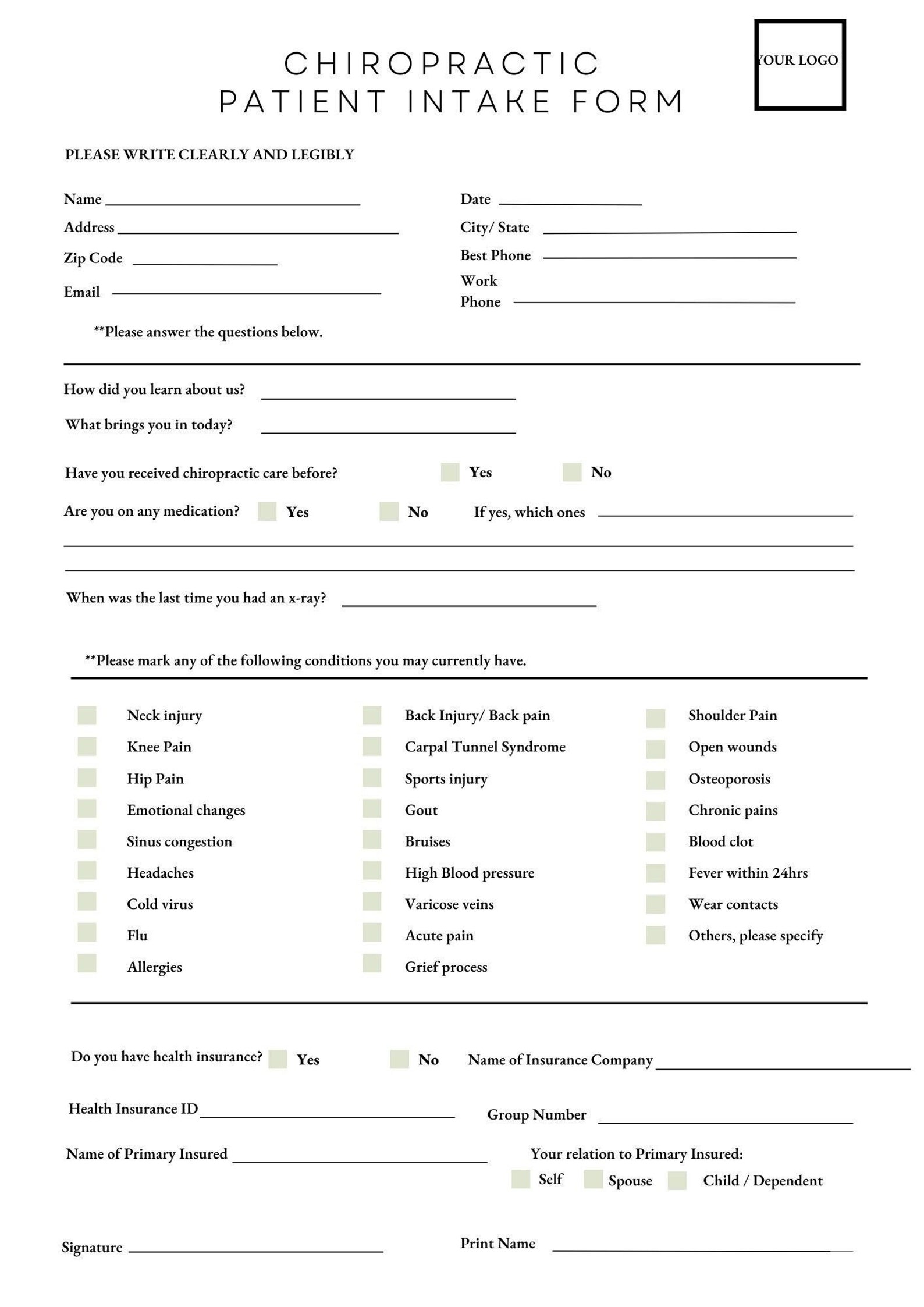 Printable Medical Intake New Patient Form Chiropractic Editable - Etsy