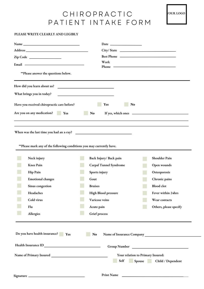 Printable Medical Intake New Patient Form Chiropractic Editable - Etsy