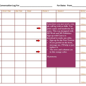 Printable Editable Simple Call Log Sheet - Etsy