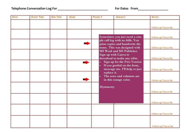 Printable Editable Simple Call Log Sheet - Etsy