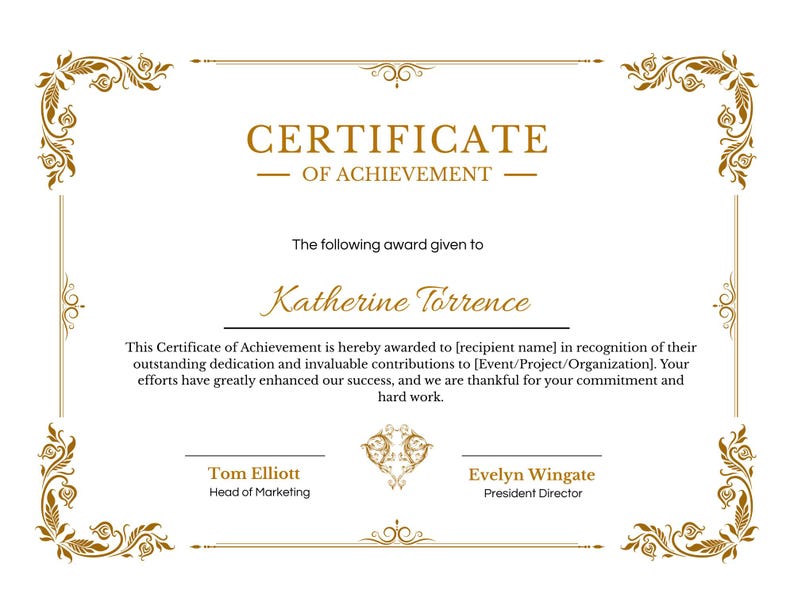Editable Printable Certificate of Achievement Gold Scroll and Floral ...