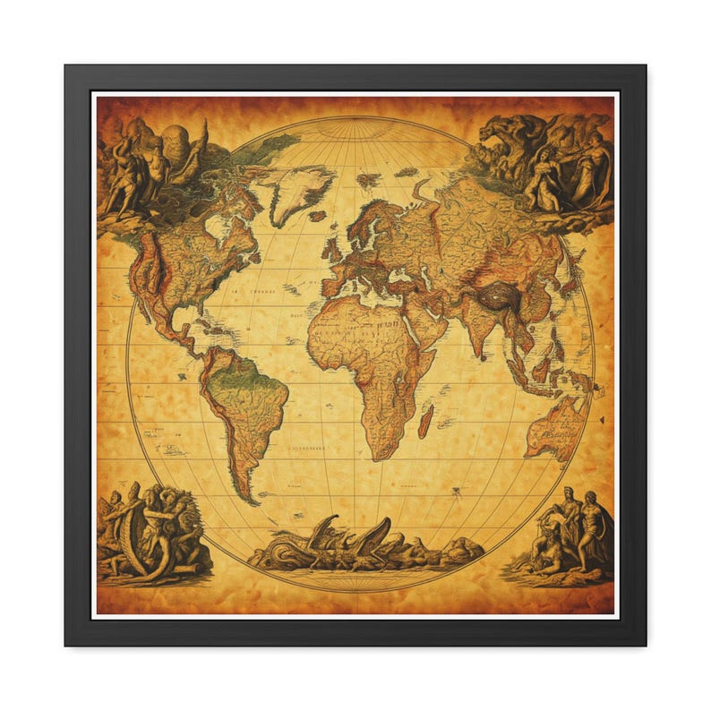Antique World Map Framed Poster for Office or Studio Decor, Vintage ...