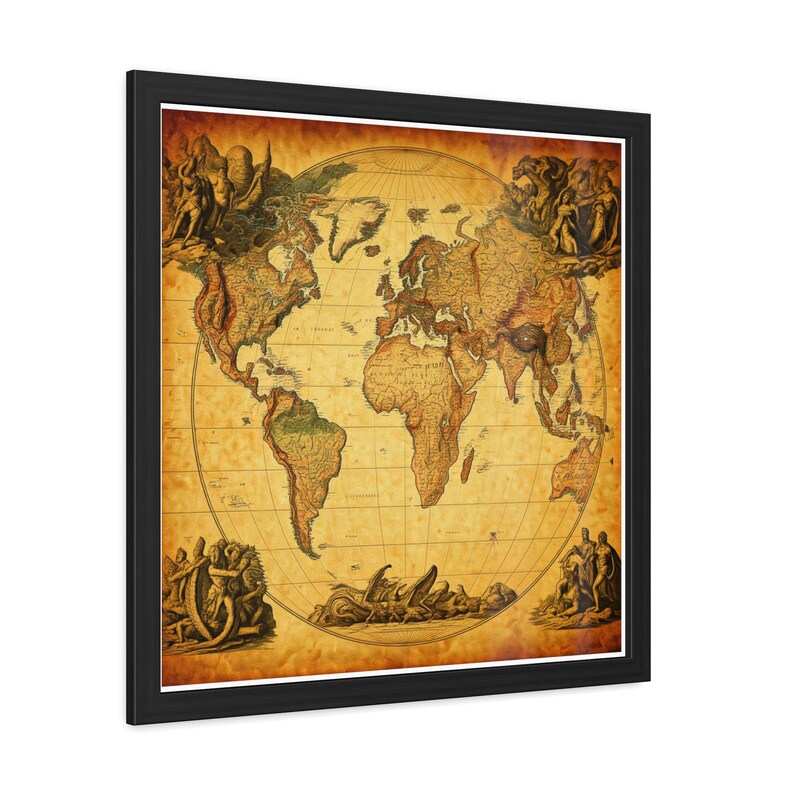 Antique World Map Framed Poster for Office or Studio Decor, Vintage ...