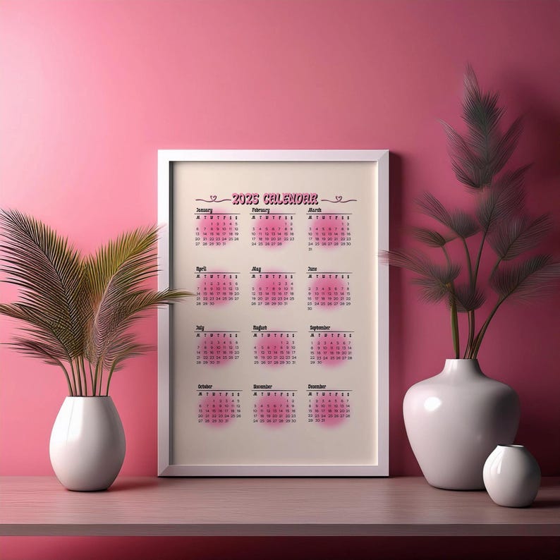 Pink Aura Unique 2025 Calendar, Vertical Printable Wall Art, Aesthetic ...