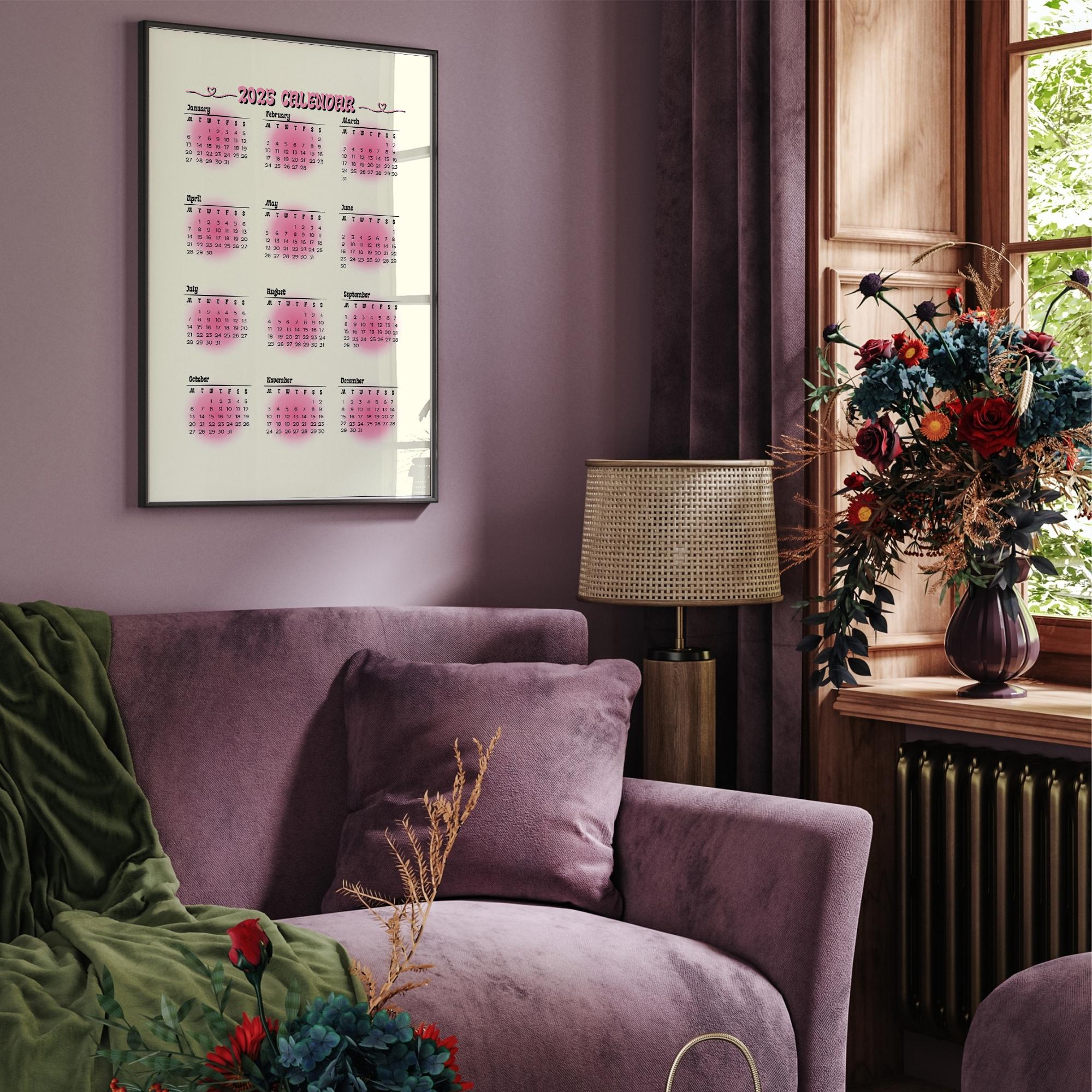 Pink Aura Unique 2025 Calendar, Vertical Printable Wall Art, Aesthetic ...