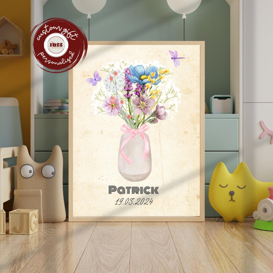 Custom Name Nursery, Birth Flower Children Bouquet, Custom Floral Wall ...