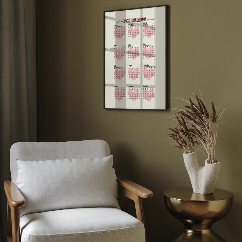 Pink Heart Aesthetic 2025 Calendar, Vertical Printable Wall Art, Unique ...