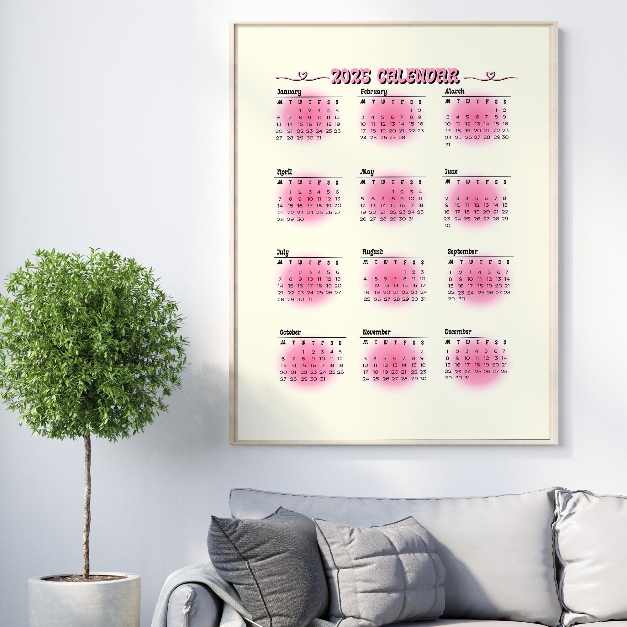Pink Aura Unique 2025 Calendar, Vertical Printable Wall Art, Aesthetic ...