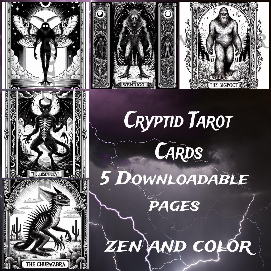 Cryptid Tarot Card Coloring Pages Bigfoot, Mothman, Wendigo, Chupacabra ...