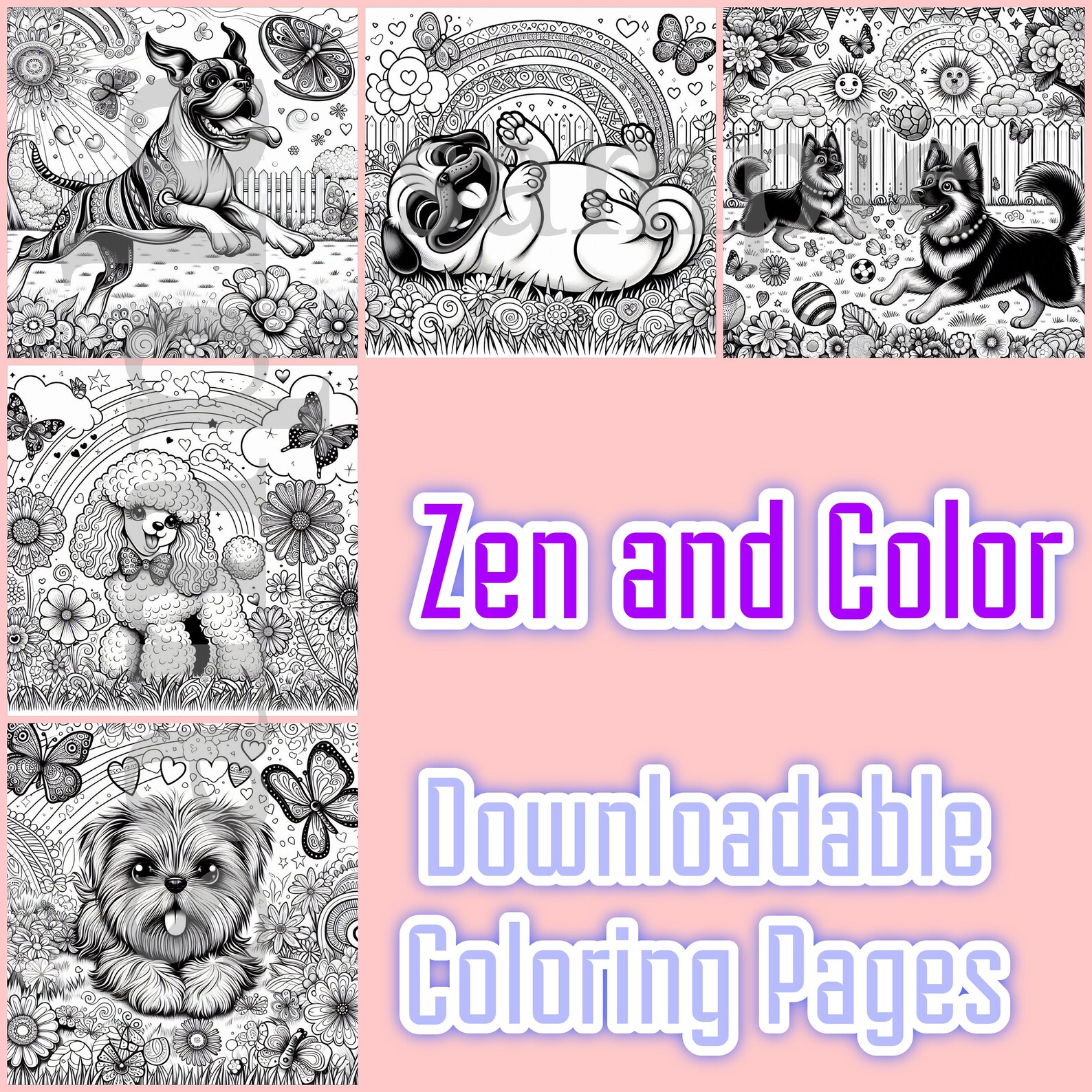 Whimsical Dog Coloring Pages - Set of 5 Dog Breeds for Kids & Adults ...