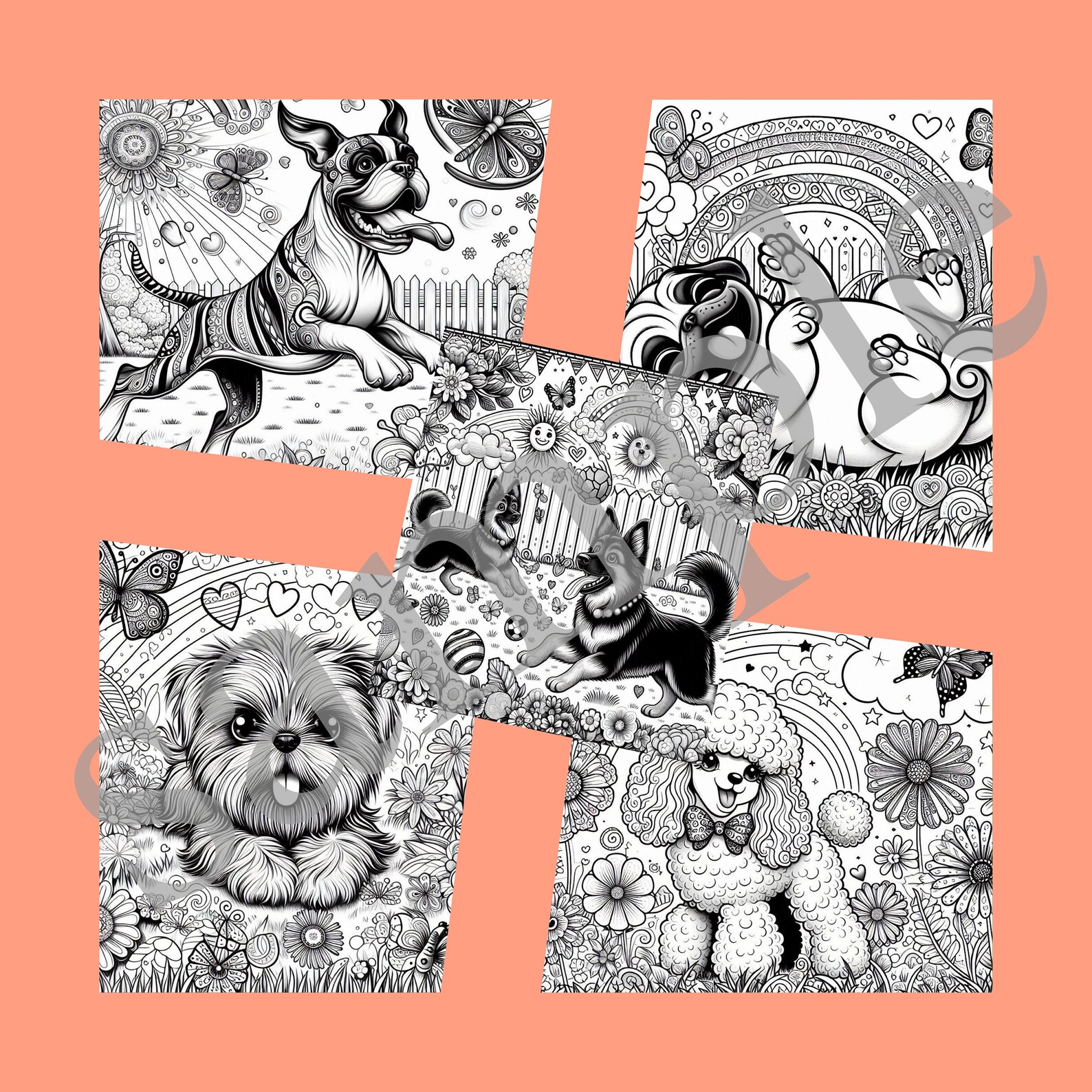Whimsical Dog Coloring Pages - Set of 5 Dog Breeds for Kids & Adults ...