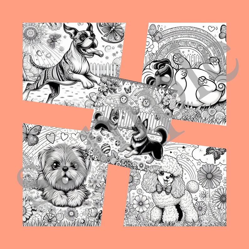 Whimsical Dog Coloring Pages Set of 5 Dog Breeds for Kids & Adults ...