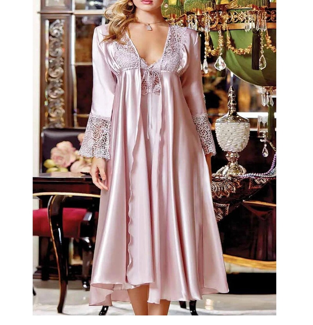 Powder Pink Nightgown Set,bridal Nightgown and Robe,lace Robe,powder ...