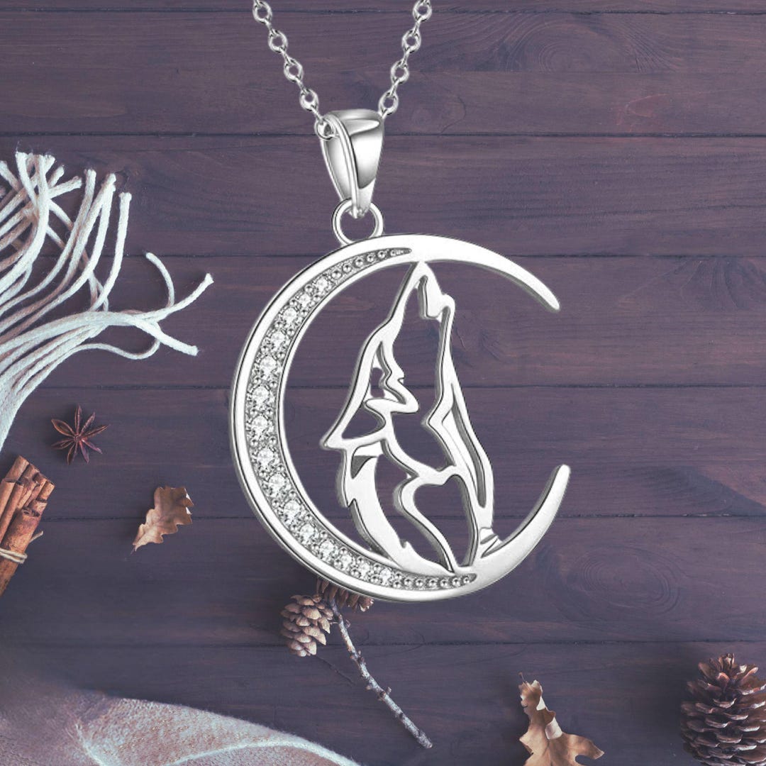 Wolf Necklace Sterling Silver Wolf Moon Necklace for Women Cubic ...