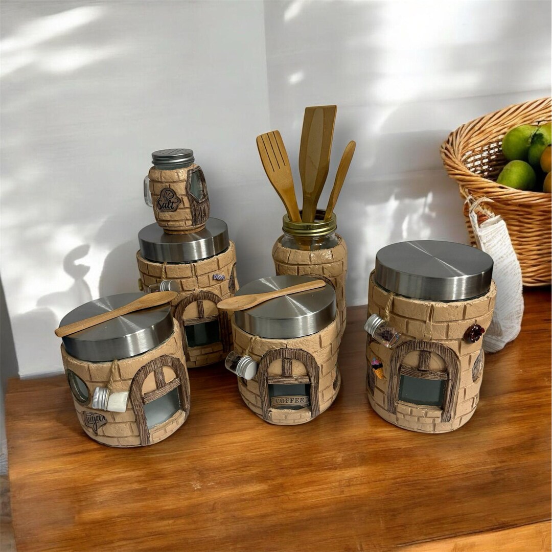 Handcrafted Kitchen Jar Set: 6-piece Pantry Village Collection - Etsy