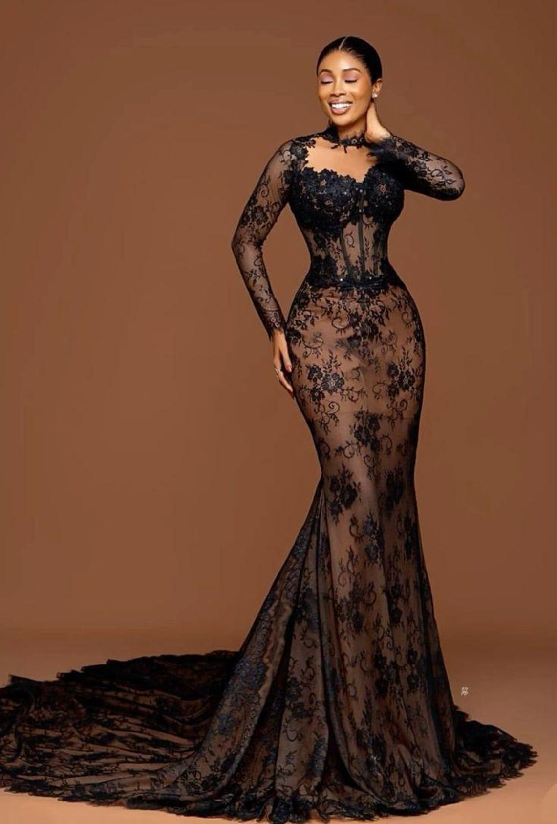 Elegant Black Corset Skin Illusion Dress, Maxi Cocktail Gown for Women ...