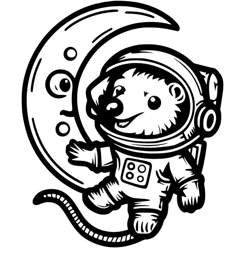 Retro Opossum Astronaut SVG - Whimsical Space Possum Flying to Crescent ...