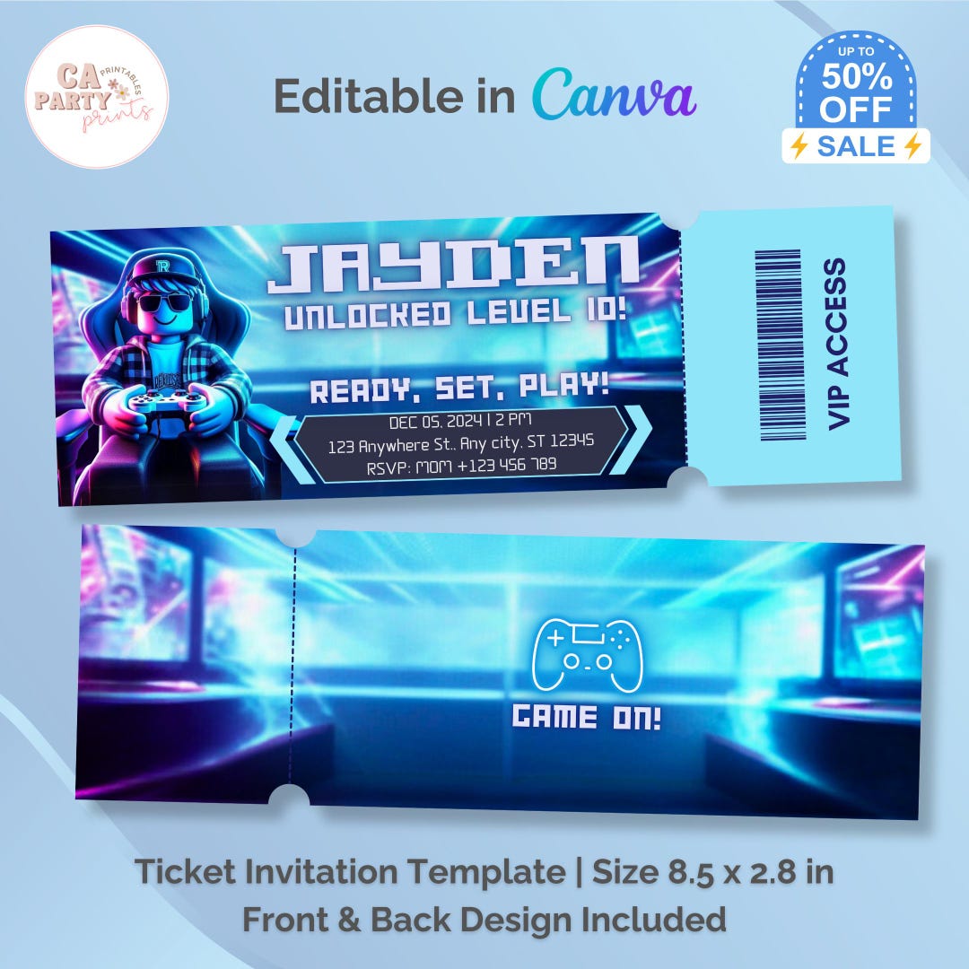 Editable Roblox Gamer Boy Birthday Ticket Invitation Template Roblox ...