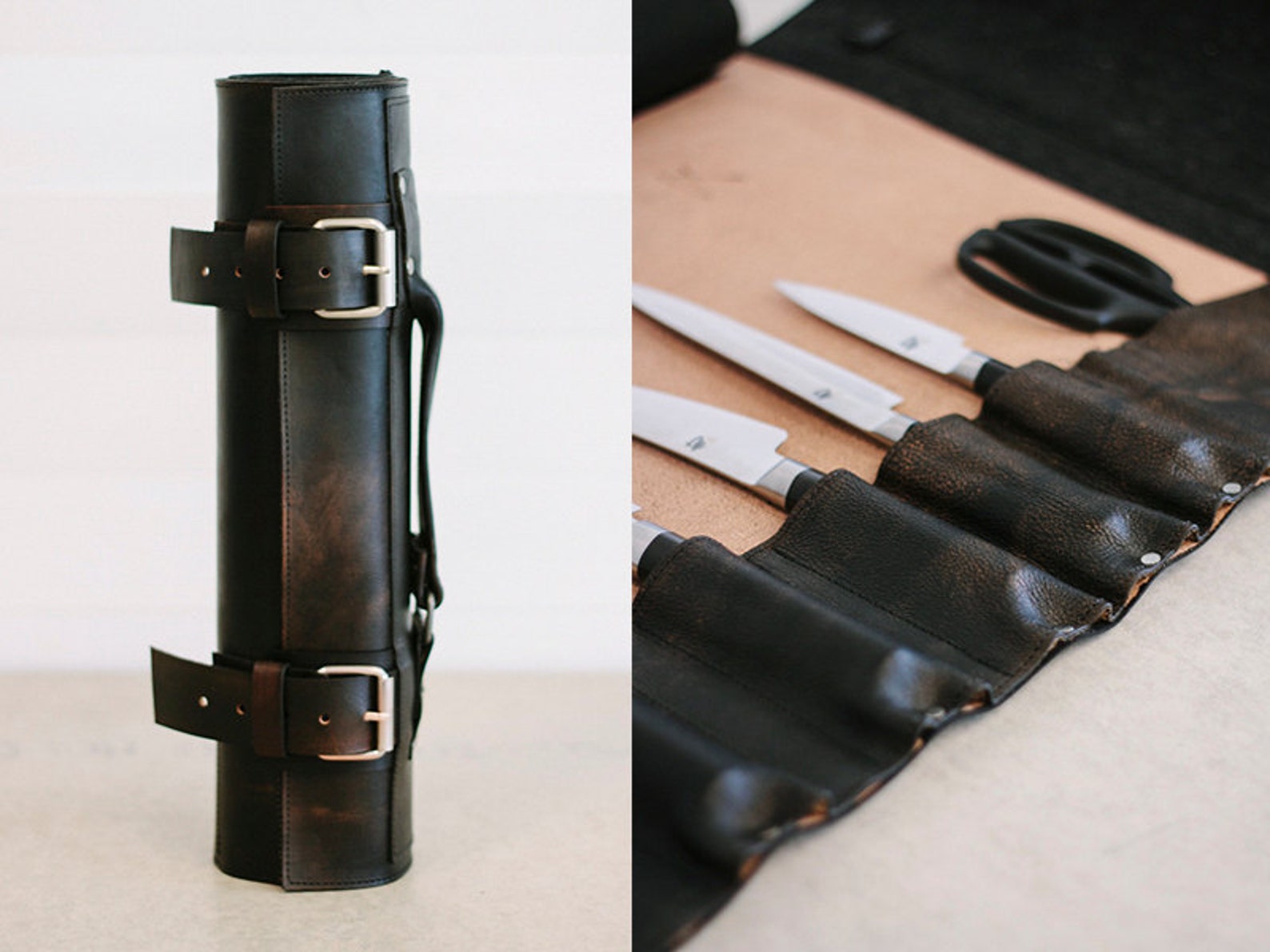 Black Custom Leather Knife Roll // chefs Roll by - Etsy