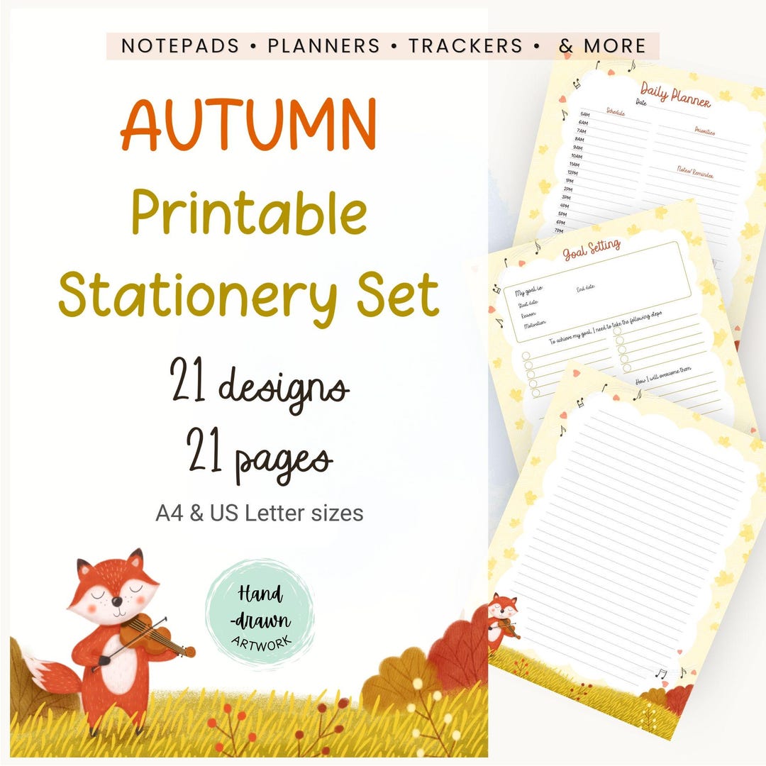 Printable Planner Pages, Autumn Stationery Set, Hand Drawn Cute Fox ...