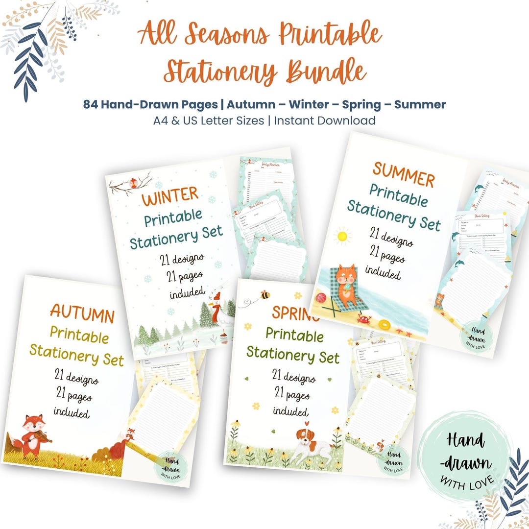Hand‑drawn All Seasons Printable Stationery Bundle, Spring Summer ...