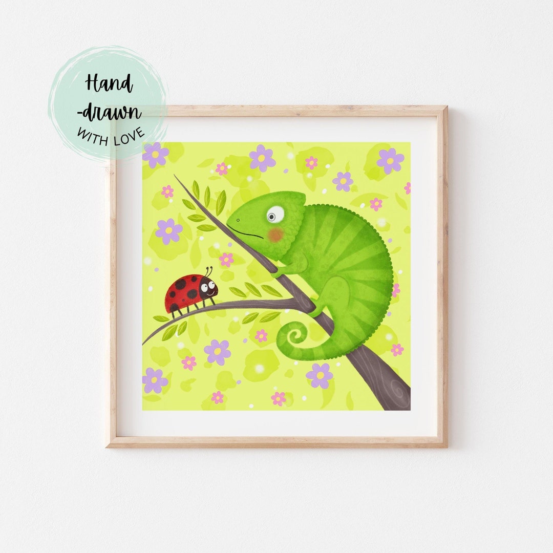 SQUARE Printable Wall Art Hand-drawn Chameleon & Ladybug Colorful ...