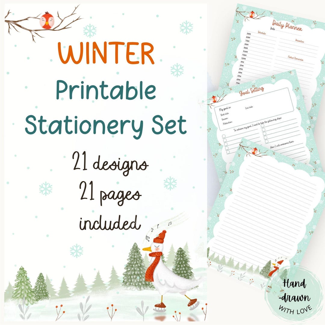 Hand-drawn Winter Duck Printable Stationery Set | Whimsical Snow Letter ...