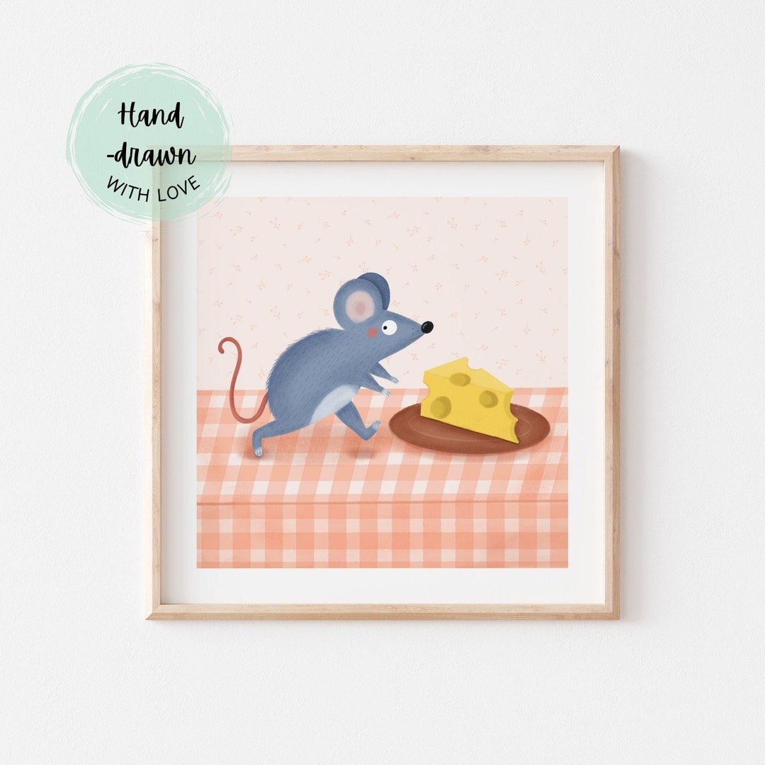 SQUARE Printable Wall Art Hand-drawn Cute Mouse & Cheese Food Kitchen ...