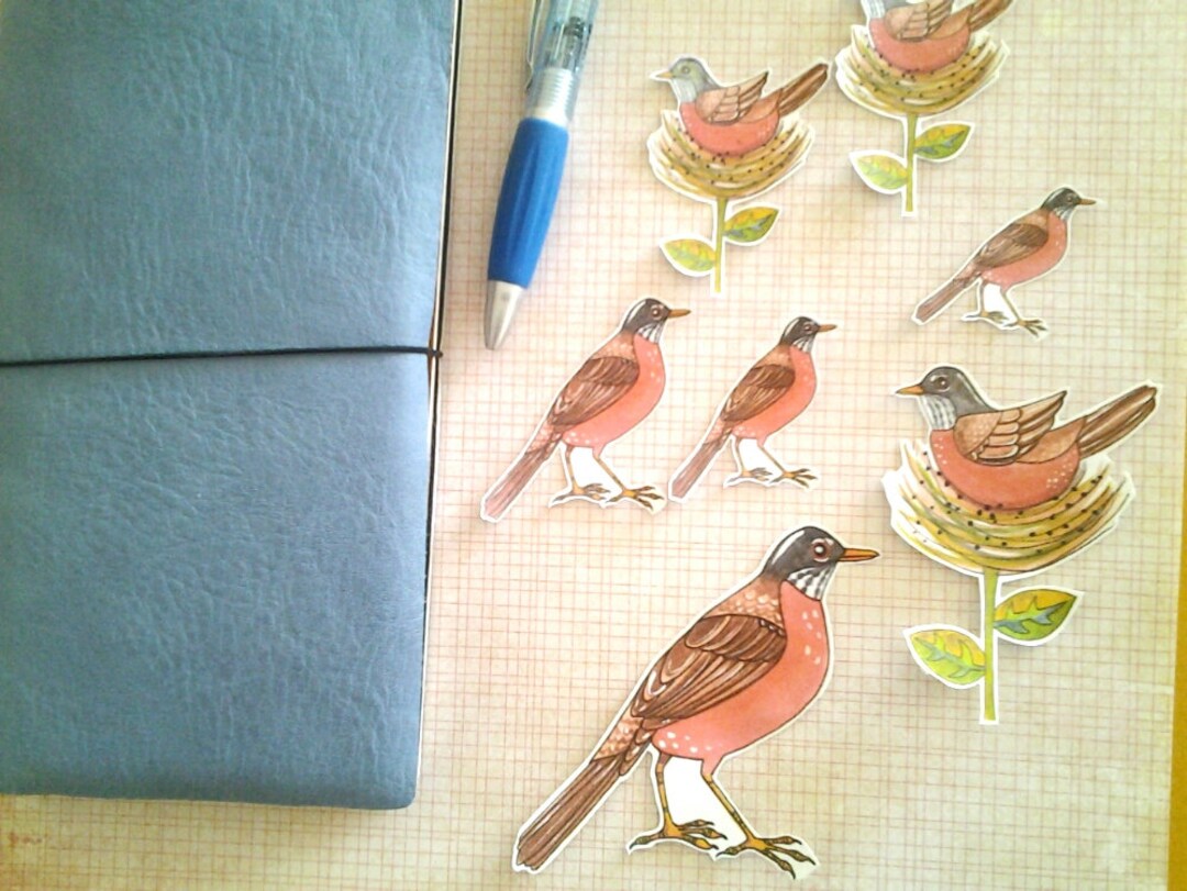 Stickers, Spring Robin Stickers robin red breast, unique, hand cut, Art ...