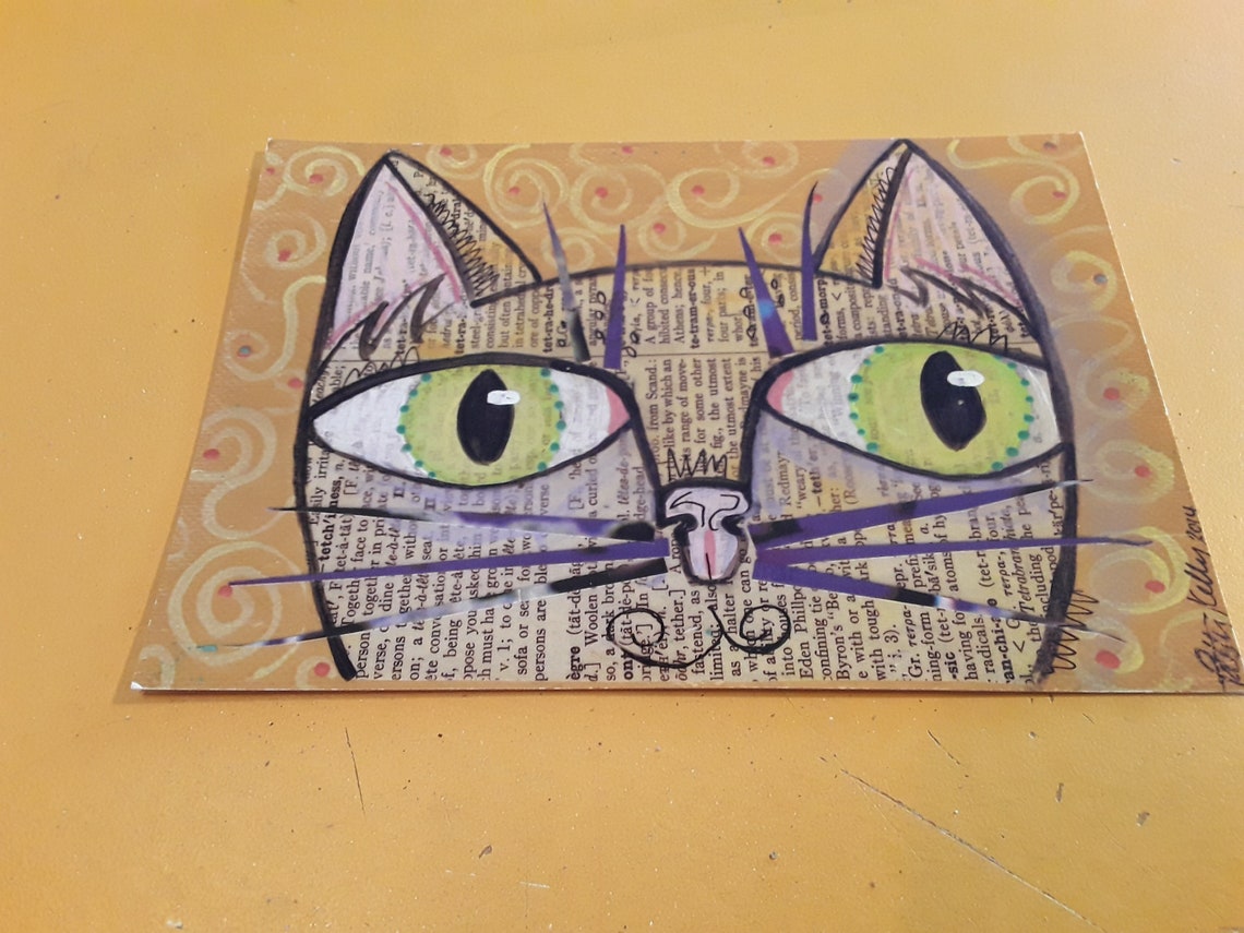 Cat Art, Cat Print, Art Print, Cat Painting, Mixed Media Cat, 5x7 Print ...