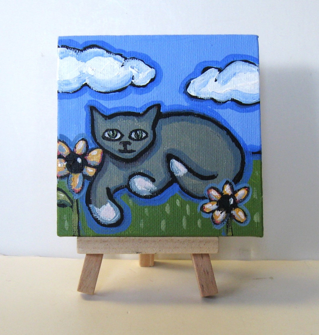 Original Cat Painting, 4 X 4, Small Acrylic Art Canvas, Mini Animal Art ...