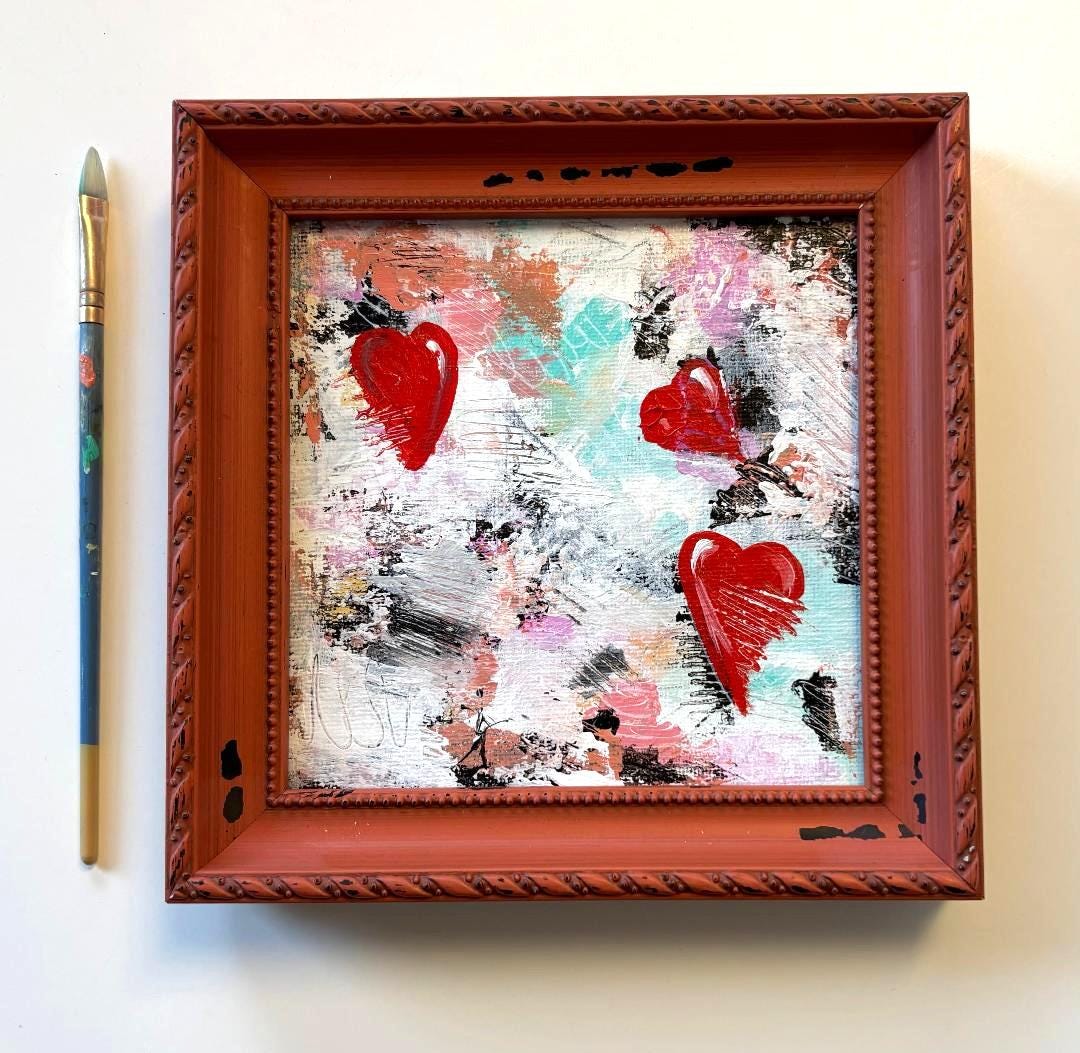 Original Framed Square Acrylic Red Heart Painting, Abstract Wall Canvas ...