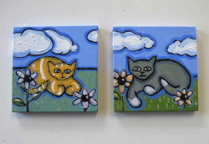 Original Cat Painting, 4 X 4, Small Acrylic Art Canvas, Mini Animal Art ...