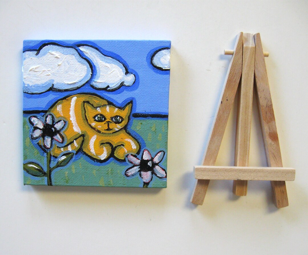 Original Tabby Cat Painting, 4 X 4, Small Acrylic Art Canvas, Mini ...