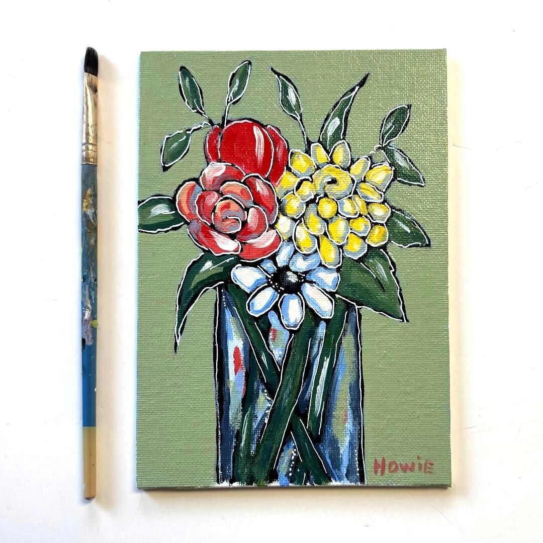 Colorful Floral Still Life Art Canvas, Original Whimsical Folk Art ...