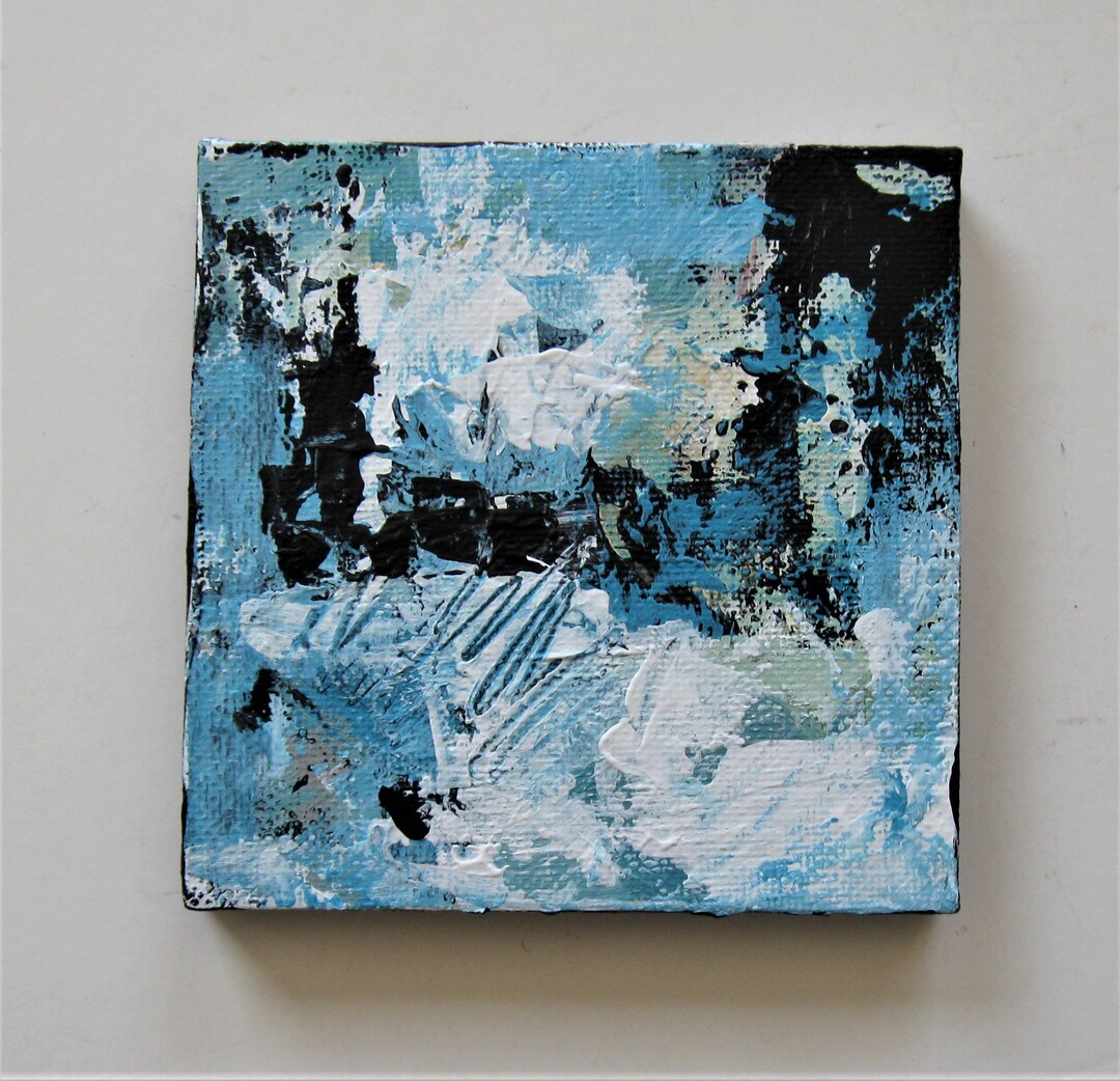 Original Blue Abstract Mini Painting, 4" X 4", Small Square Acrylic Art ...