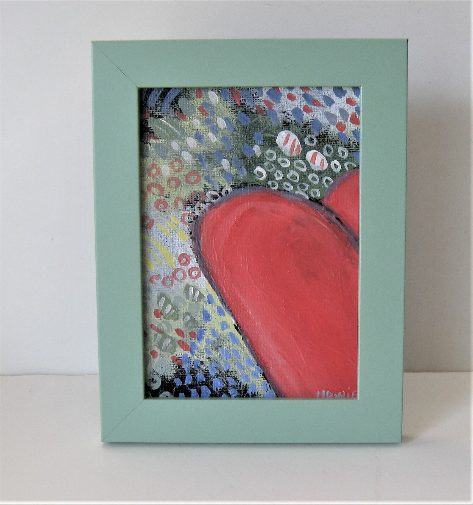 Original Acrylic Red Heart Painting, 6 1/2" X 8 1/2", Sea Green Framed ...