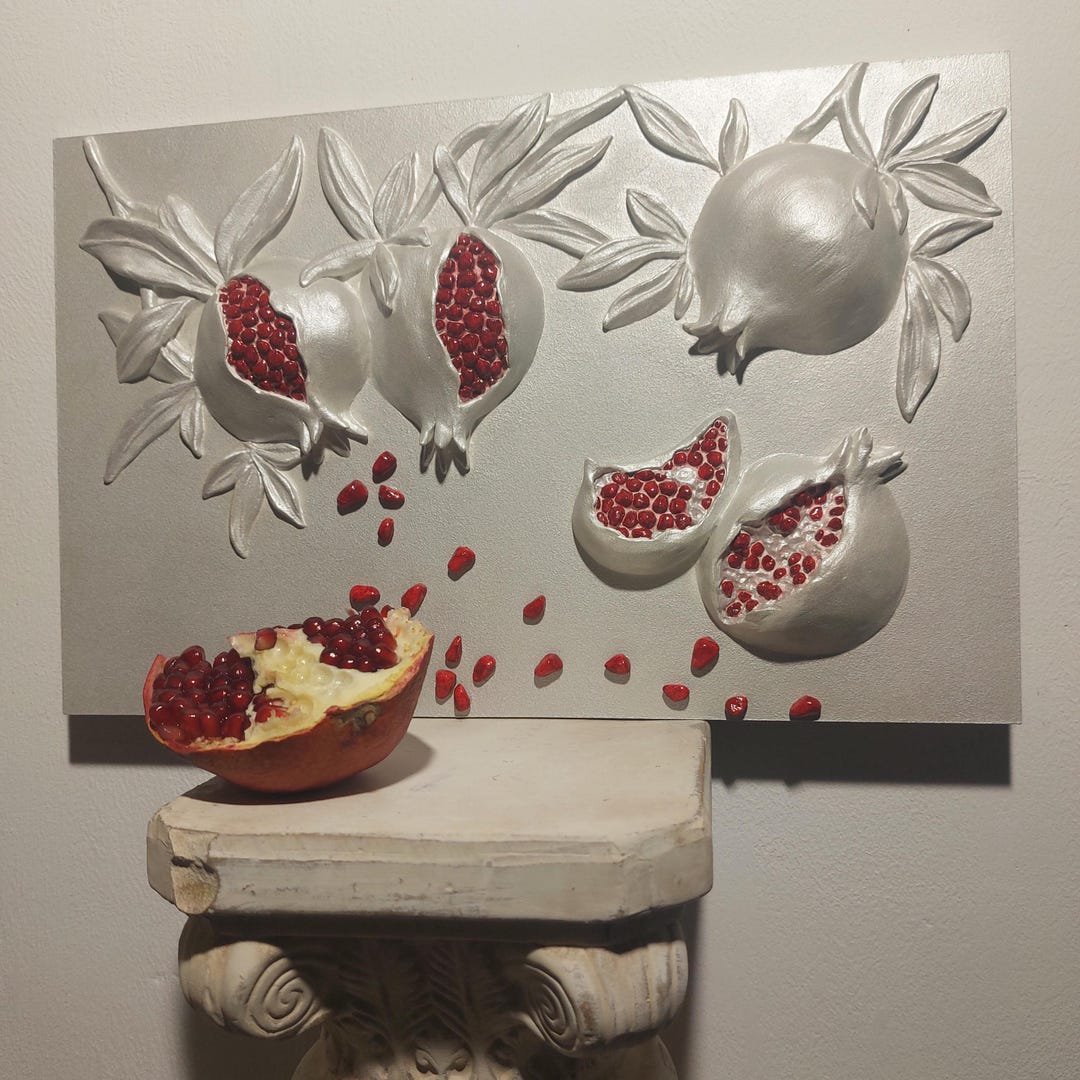 Pomegranate 3D Wall Sculpture: Plaster Fruit Art, Kitchen Decor, Relief ...