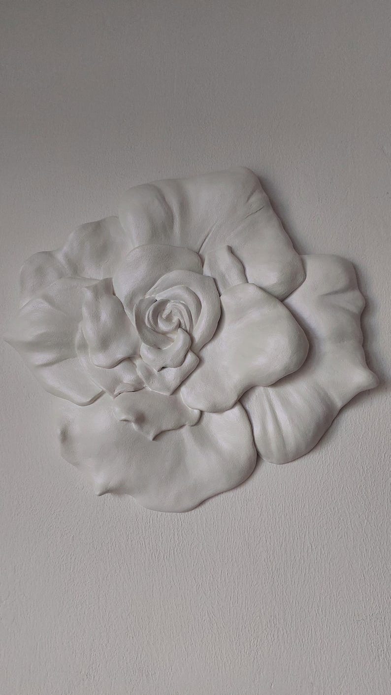 Rose Wall Sculpture Big White 3D Flower Plaster Wall Plaque in Relief ...