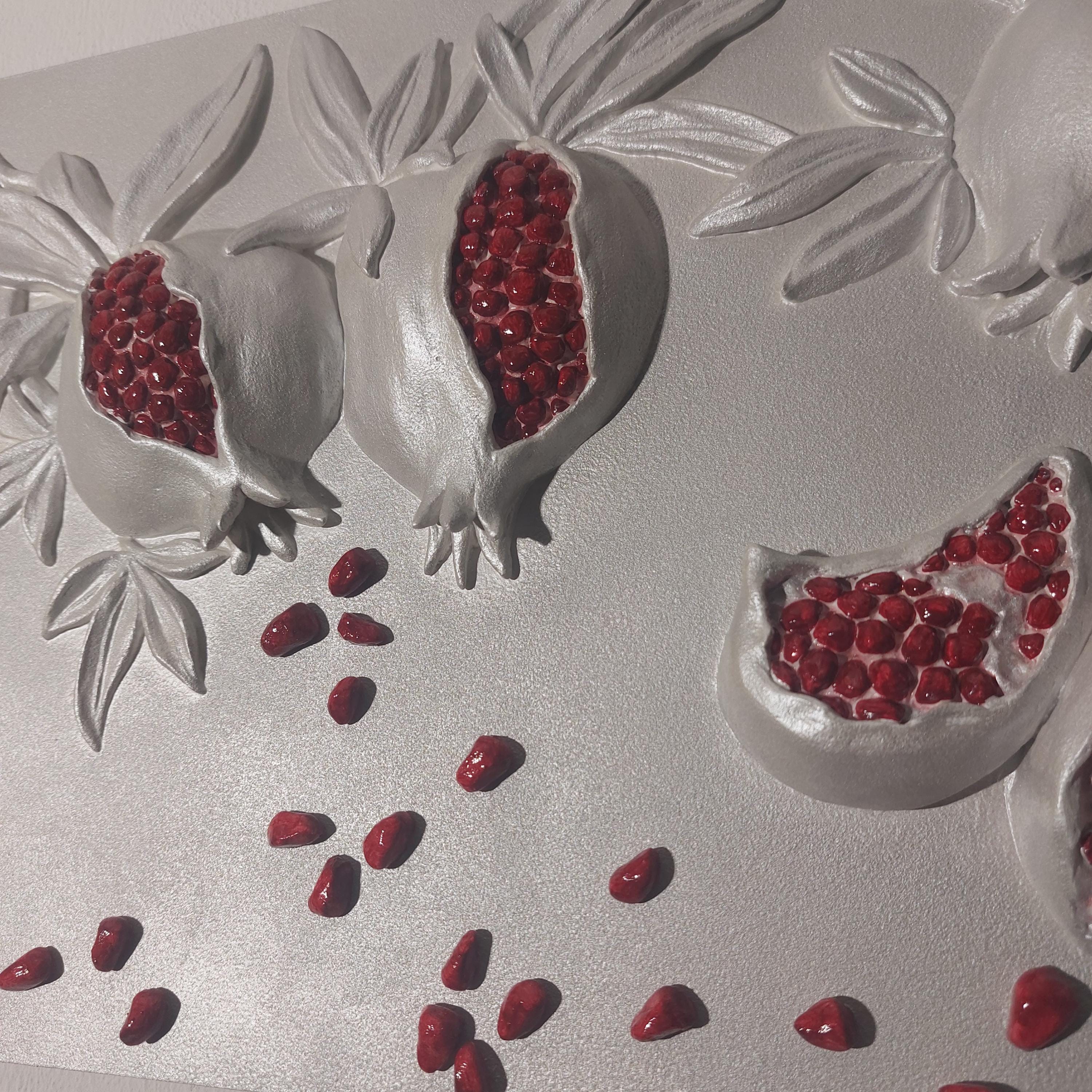 Pomegranate 3D Wall Sculpture: Plaster Fruit Art, Kitchen Decor, Relief ...