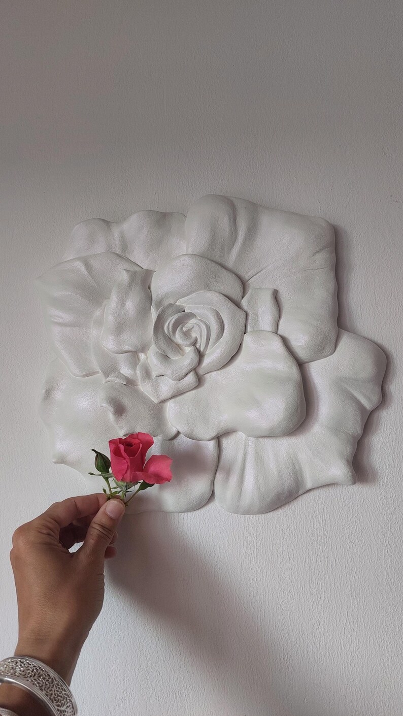 Rose Wall Sculpture Big White 3D Flower Plaster Wall Plaque in Relief ...