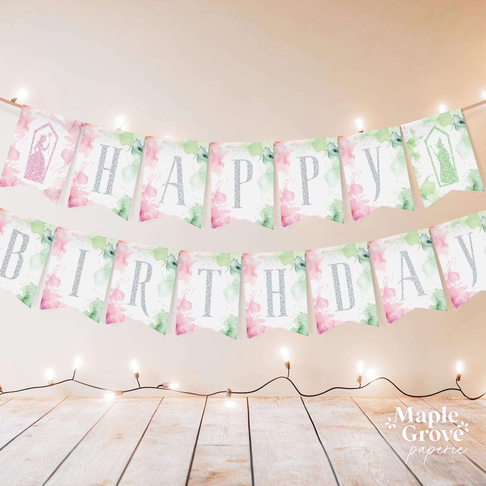 Wicked PRINTABLE Happy Birthday Banner Bunting, 5x7, Pink Green ...