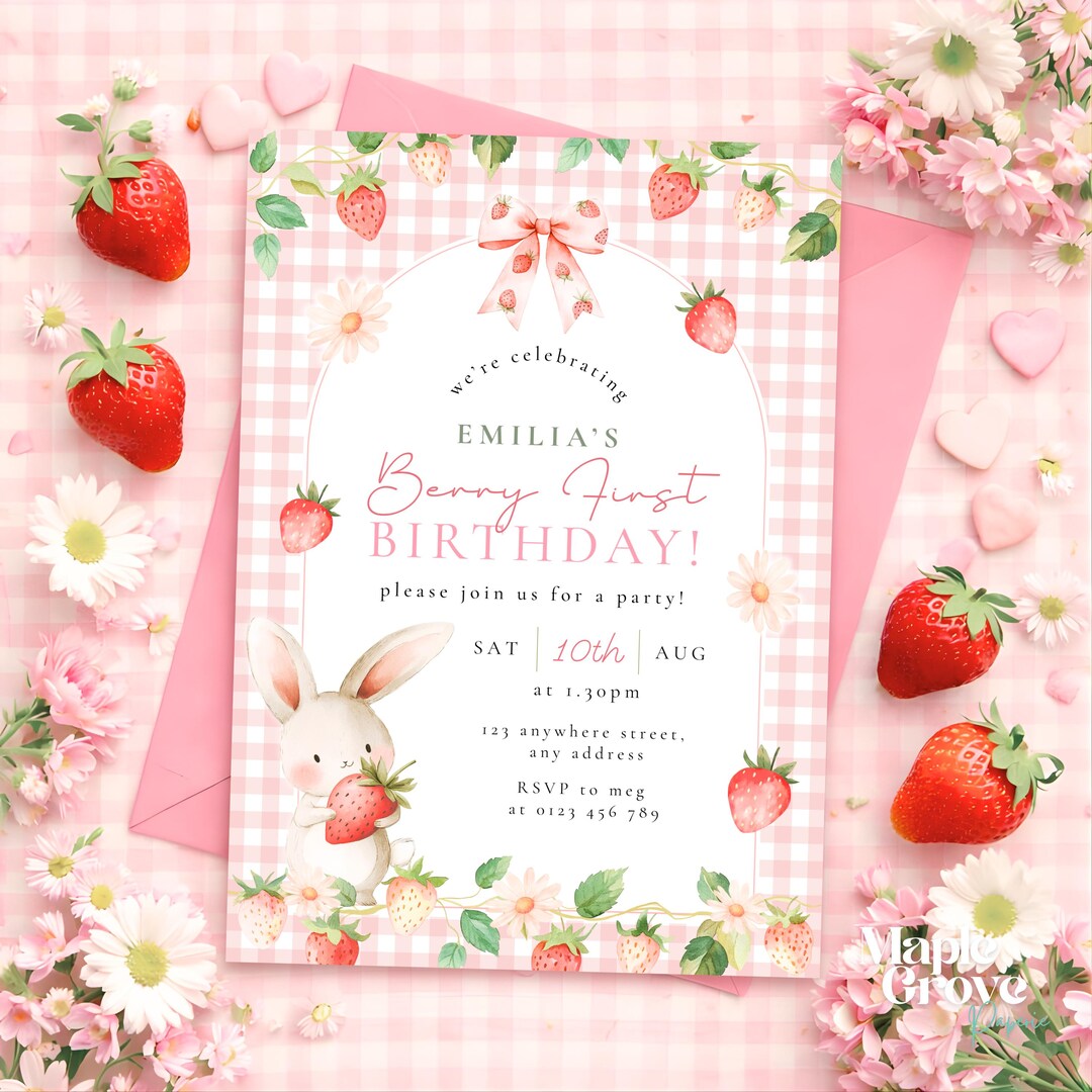 Berry First Birthday Party Invitation: Printable Strawberry Invite, 1st ...