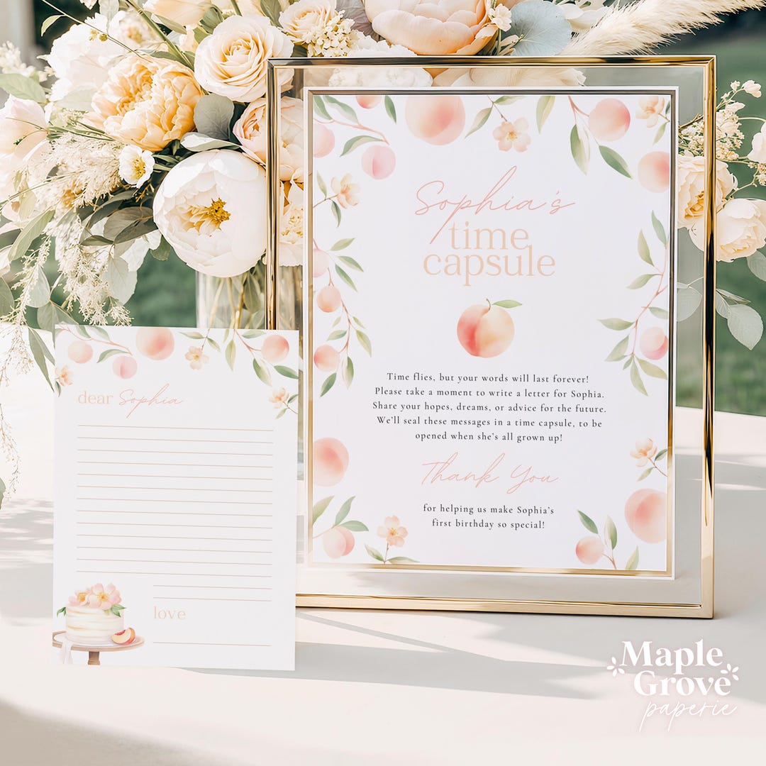 Peach First Birthday EDITABLE Time Capsule Sign Template, One Sweet ...